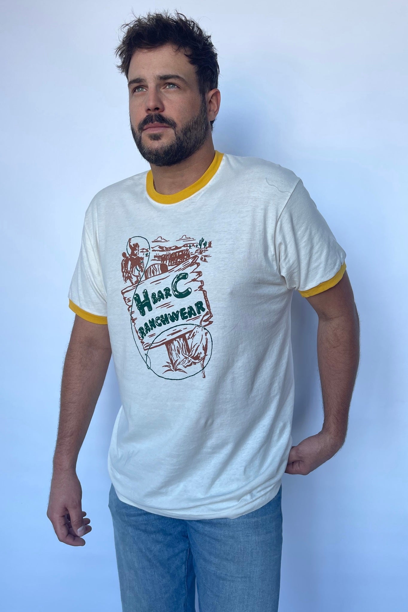 YELLOW VINTAGE LASSO RINGER T SHIRT – H BAR C