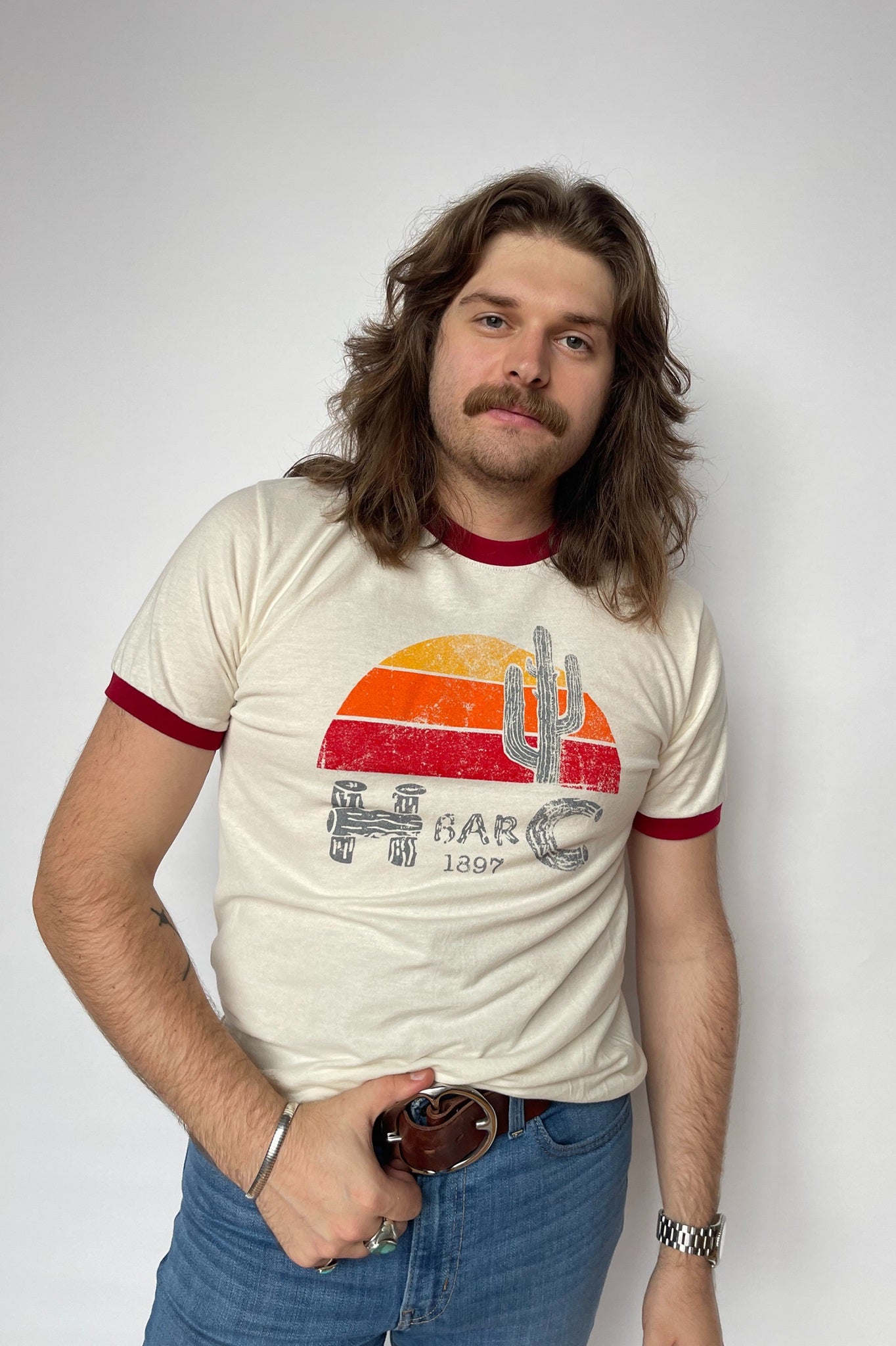 Cactus Sunrise Maroon Off White Ringer T-Shirt